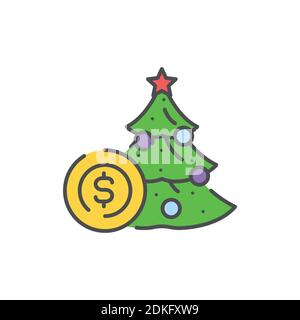Buying christmas tree color line icon. Glowing lights. Editable stroke ...