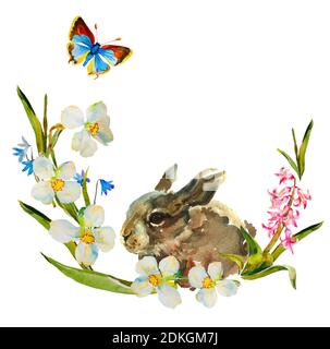 Watercolor Easter wreath. Frame with rabbit, Easter eggs and flowers ...