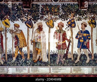Medieval Italian Castle of Manta. Baronial Hall. Fresco cycle with ...