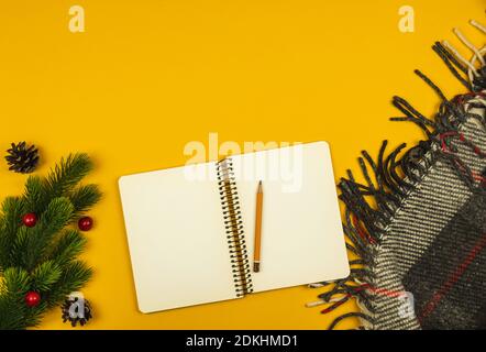 Blank notepad with copy space, warm clothes and cup of tea on brown ...