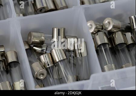 Small glass electric fuses with fusible metal wire. Set of electronic ...