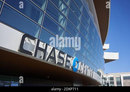 Exterior of Chase Center arena with glass facade and logo on clear day ...