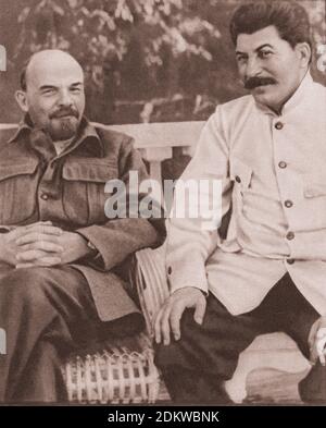Communist leaders of the Soviet state: Lenin and Stalin. 1920s Stock ...