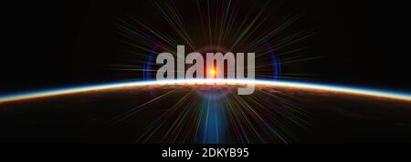 Earth sunrise from space over cloudy ocean. 3d rendering illustration ...