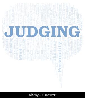 Judging typography word cloud create with text only Stock Photo - Alamy