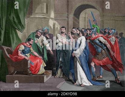 New Testament. Jesus' trial before Pilate (Matthew 27). Engraving, 19th ...