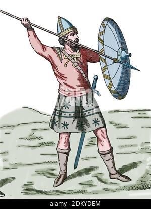 England. Anglo-Saxons period. 5th-11th. Society. Gentleman. Engraving ...