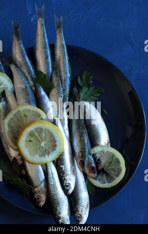 Top view of bunch of fresh sardines placed on oval plate on marble ...
