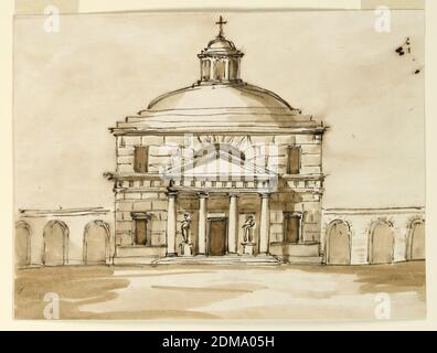 A portico with columns and a triangular pediment on the Greek-style facade of a temple Stock ...