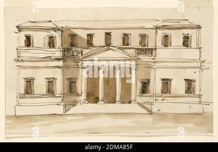 A portico with columns and a triangular pediment on the Greek-style facade of a temple Stock ...