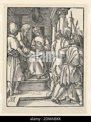 Pilate washes his hands; Passion of Christ. Pontius Pilatus is sitting ...