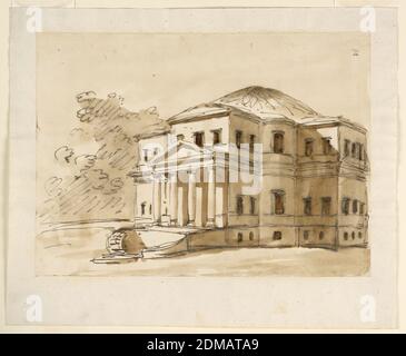 A portico with columns and a triangular pediment on the Greek-style ...