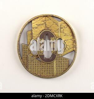 A round oval Iron Tsuba, a sword guard and part of a sword mounting. It ...