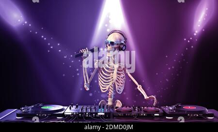 DJ Bones, human skeleton with microphone playing music on turntables ...