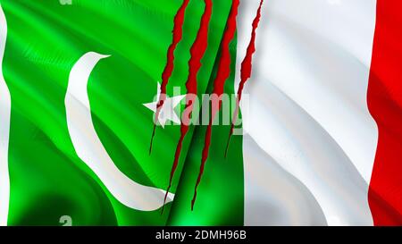 Italy and Pakistan flags with scar concept. Waving flag,3D rendering ...