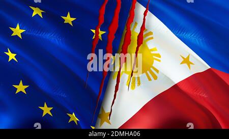 Philippines and European Union flags with scar concept. Waving flag,3D ...