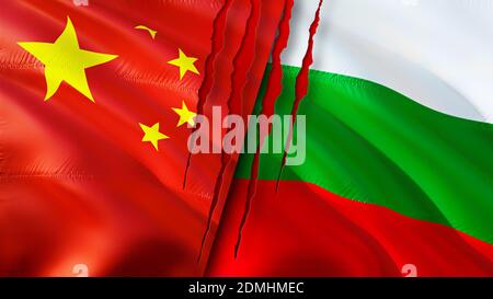 Bulgaria and China flags with scar concept. Waving flag,3D rendering ...