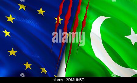 Pakistan and European Union flags with scar concept. Waving flag,3D ...