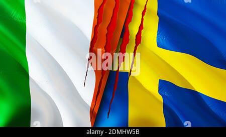 Sweden and Ireland flags with scar concept. Waving flag,3D rendering ...