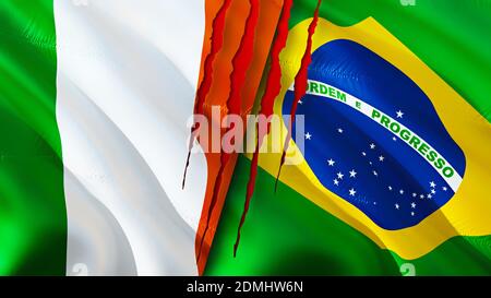 Brazil and Ireland flags with scar concept. Waving flag 3D rendering ...