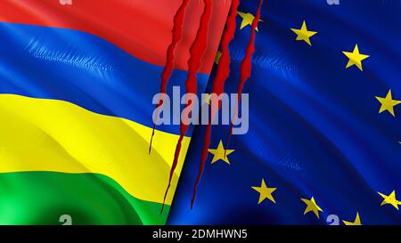 European Union and Mauritius flags with scar concept. Waving flag,3D ...