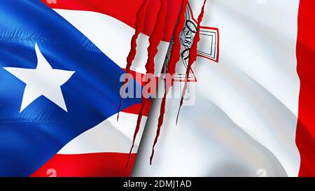 Malta and Puerto Rico flags with scar concept. Waving flag,3D rendering ...