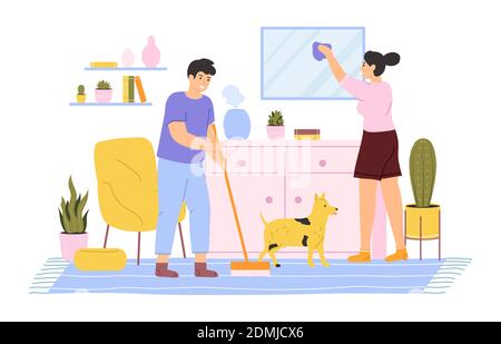 House cleaning. Young couple cleaning and washing house daily home routines. Domestic housekeeping chores vector illustration set Stock Vector Image Art Alamy