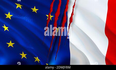 France and European Union flags with scar concept. Waving flag,3D ...