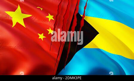 Bahamas and China flags with scar concept. Waving flag,3D rendering ...