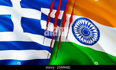 India and Greece flags with scar concept. Waving flag,3D rendering ...