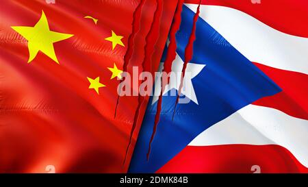 Puerto Rico and China flags with scar concept. Waving flag,3D rendering ...