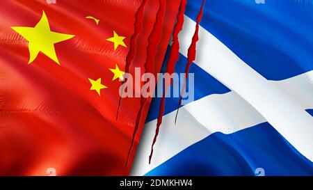 Scotland and China flags with scar concept. Waving flag,3D rendering ...