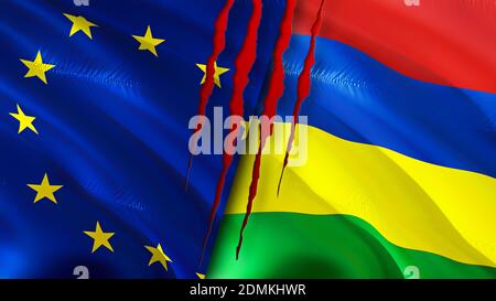 Mauritius and European Union flags with scar concept. Waving flag,3D ...