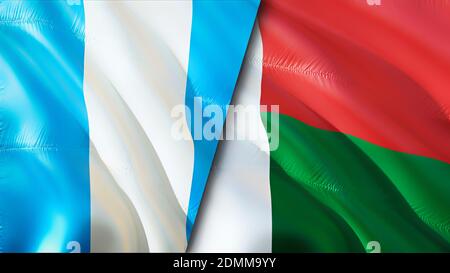 Madagascar and Guatemala flags. 3D Waving flag design. Madagascar ...