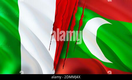 Maldives and Italy flags with scar concept. Waving flag,3D rendering ...