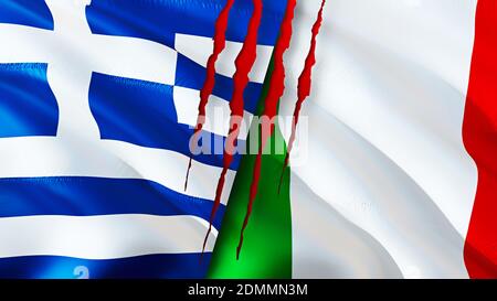 Italy and Greece flags with scar concept. Waving flag,3D rendering ...