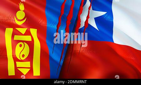 Chile and Mongolia flags with scar concept. Waving flag,3D rendering ...
