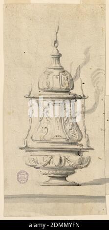 Design for a Thurible. Vertical rectangle. Smoke pours fromteh body and ...