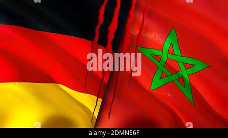 Morocco and Germany flags with scar concept. Waving flag,3D rendering ...