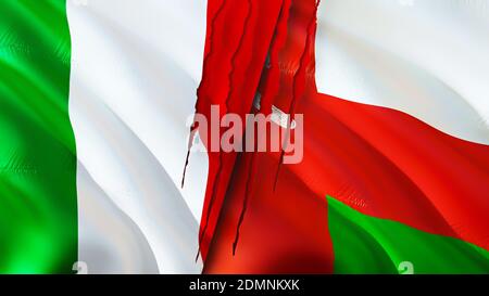 Oman and Italy flags with scar concept. Waving flag,3D rendering. Italy ...