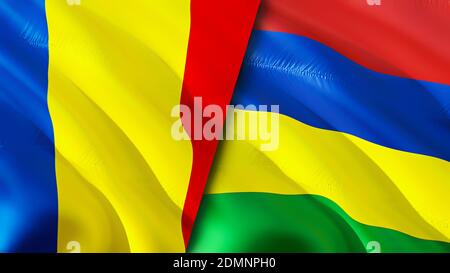 Mauritius and Romania flags. 3D Waving flag design. Mauritius Romania ...