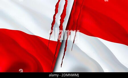 Monaco and Poland flags with scar concept. Waving flag,3D rendering ...