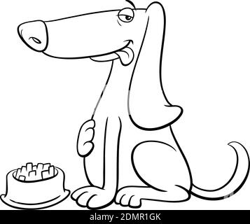 Cartoon illustration of hungry dog comic animal character with his food ...