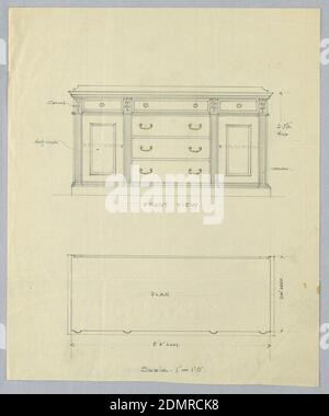 Drawing, Elevation and Plan for Sideboard with Reeded Pilasters, 1900 ...