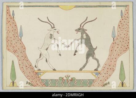 Two goats in profile facing each other, center. They each stand on two ...