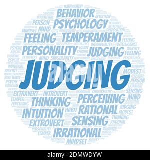 Judging typography word cloud create with text only Stock Photo - Alamy