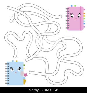 Color abstract maze. Help the blue notebook get to the pink notebook ...