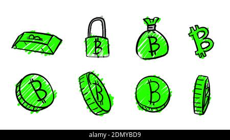 Hand drawn green business bitcoin symbols. 2d money illustration with ...