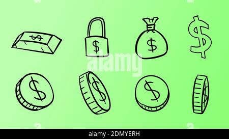 Hand drawn green business dollar symbols. 2d money illustration with ...