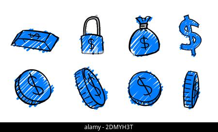 Hand drawn blue business dollar symbols. 2d money illustration with ...